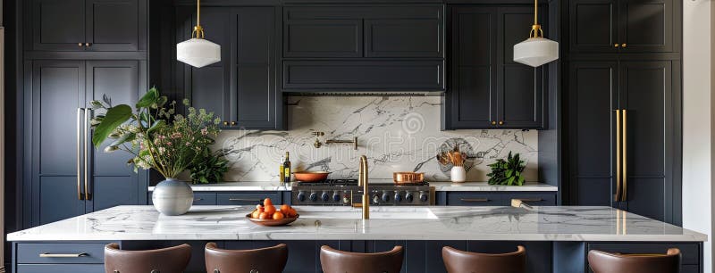 A Modern Kitchen Featuring Slate Dull Navy Cabinets, Complemented by ...