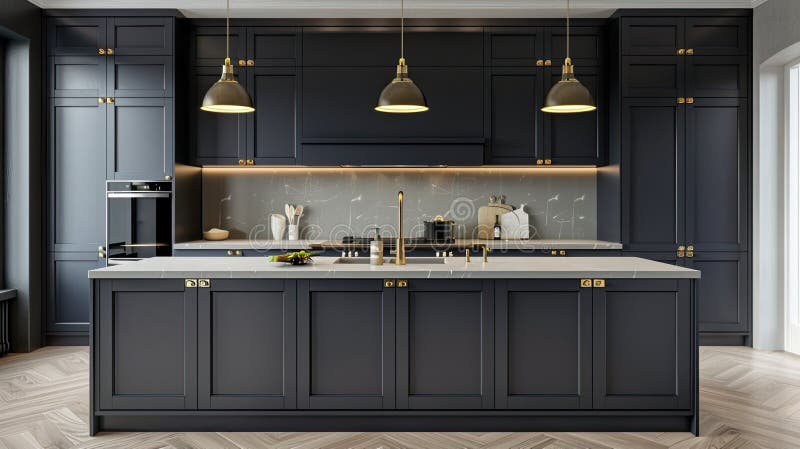 A Modern Kitchen Featuring Slate Dull Navy Cabinets, Complemented by ...