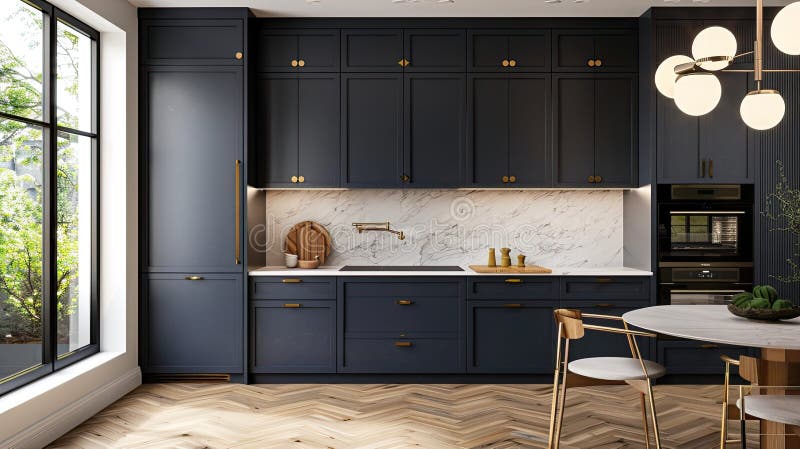 A Modern Kitchen Featuring Slate Dull Navy Cabinets, Complemented by ...