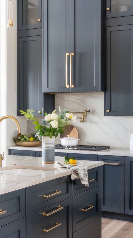 A Modern Kitchen Featuring Slate Dull Navy Cabinets, Complemented by ...