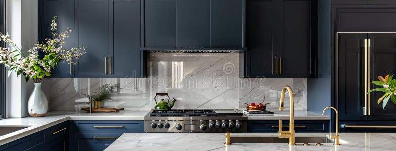 A Modern Kitchen Featuring Slate Dull Navy Cabinets, Complemented by ...
