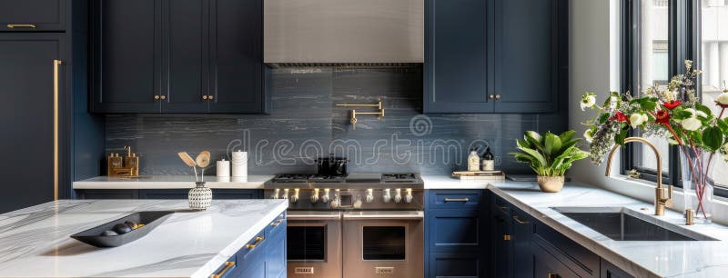 A Modern Kitchen Featuring Slate Dull Navy Cabinets, Complemented by ...