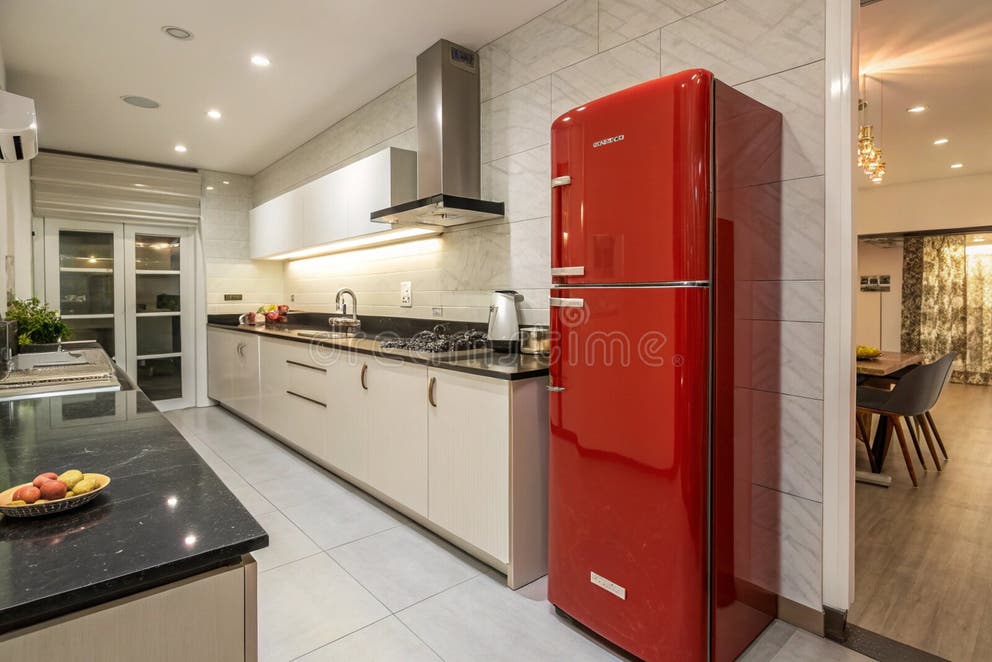 Interior of Modern Kitchen with Counters and Red Fridge Stock ...