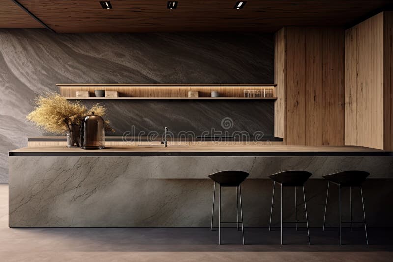 Modern Kitchen with Marble Countertop and Bar Stools Stock Photo ...