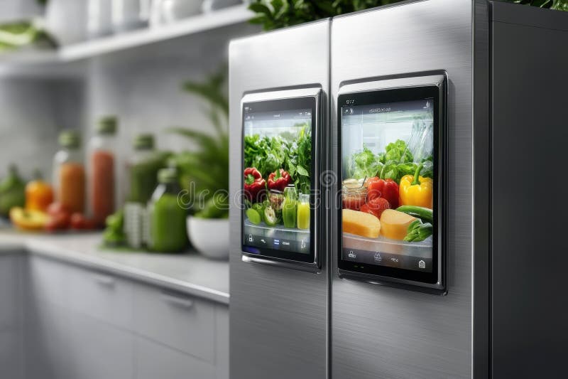 Modern Kitchen Featuring Smart Refrigerator with Touch Screens and ...