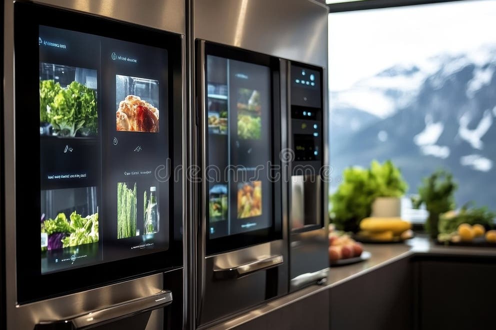 Modern Kitchen Featuring Smart Refrigerators with Touchscreen Displays ...
