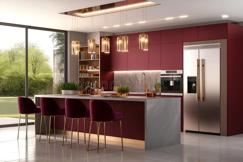 Modern Kitchen Featuring a Sophisticated Color Palette of Burgundy ...