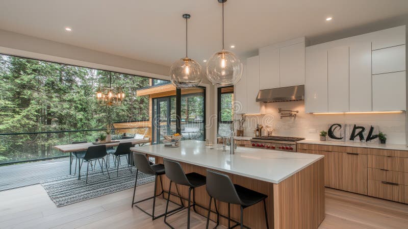 A Modern Kitchen Featuring a Spacious Island and an Elegant Dining ...