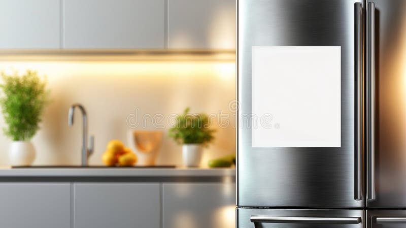 Modern Kitchen Featuring Stainless Steel Refrigerator with Blank White ...