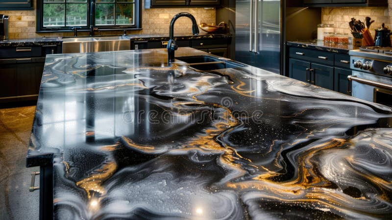 A Modern Kitchen Featuring a Stunning Epoxy Resin Countertop in Silver ...