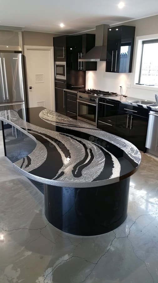 A Modern Kitchen Featuring a Stunning Epoxy Resin Countertop in Silver ...
