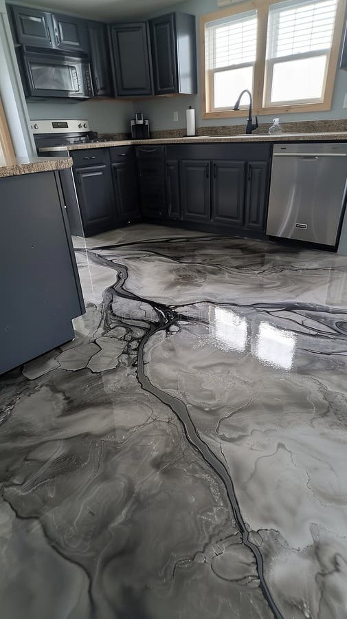 A Modern Kitchen Featuring a Stunning Epoxy Resin Countertop in Silver ...