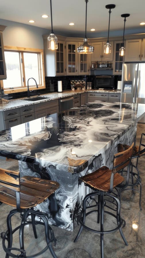 A Modern Kitchen Featuring a Stunning Epoxy Resin Countertop in Silver ...