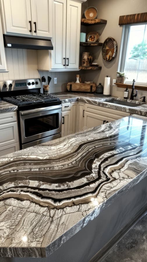 A Modern Kitchen Featuring a Stunning Epoxy Resin Countertop in Silver ...