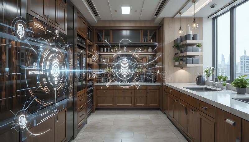 A Modern Kitchen with Wooden Cabinets and a Futuristic Interface ...