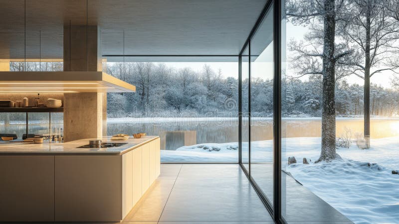 Modern Kitchen with Floor-to-Ceiling Windows Overlooking a Snowy Winter ...