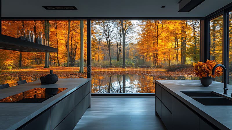 Modern Kitchen with Floor-to-ceiling Windows Showcasing Autumnal Forest ...
