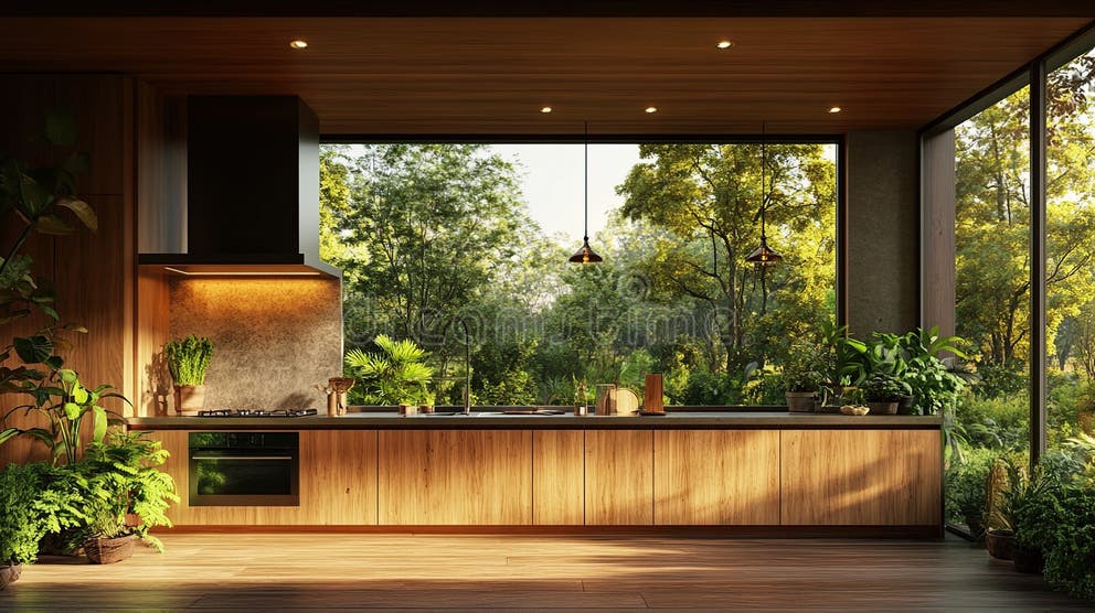 Modern Kitchen with Forest View Stock Illustration - Illustration of ...