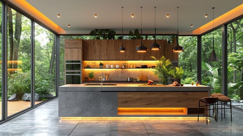 Modern Kitchen with Forest View Stock Illustration - Illustration of ...