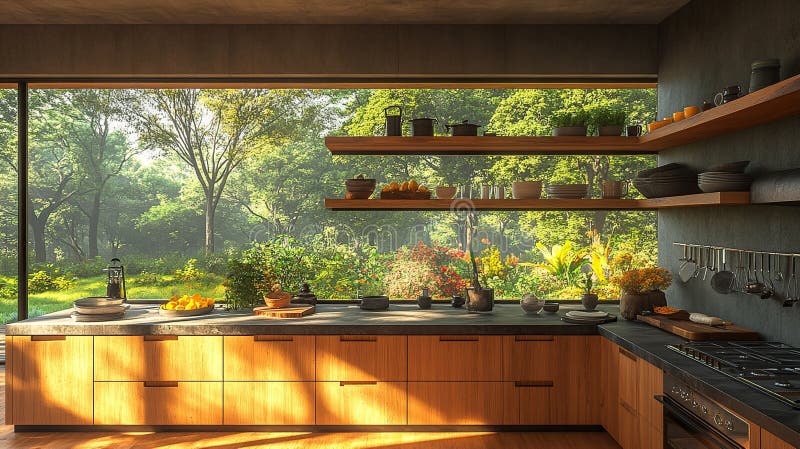 Modern Kitchen with Forest View, Sunlight Streams through Large Windows Stock Photo - Image of ...