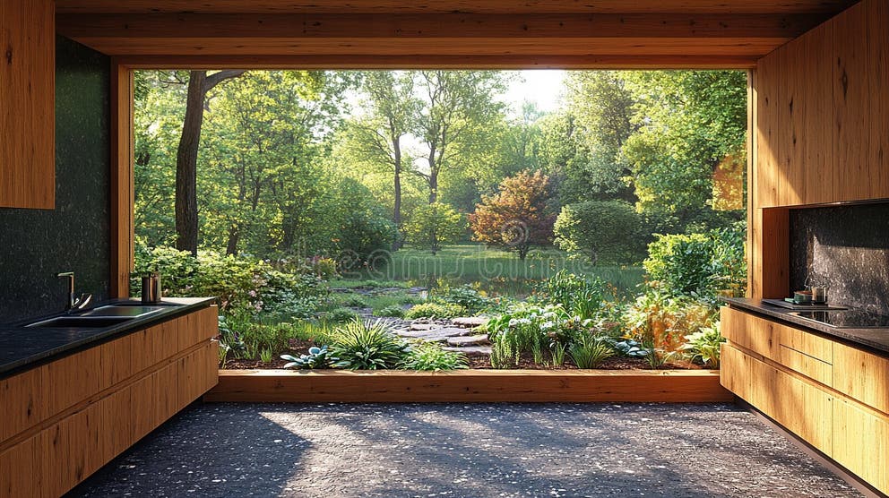 Modern Kitchen, Forest View, Sunlight, Tranquil Garden, Home Design ...
