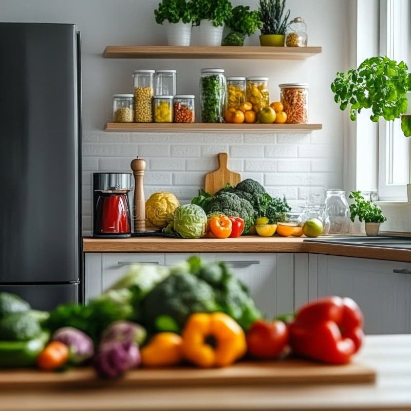 Modern Kitchen with Fresh Vegetables and Herbs on Wooden Counter in ...