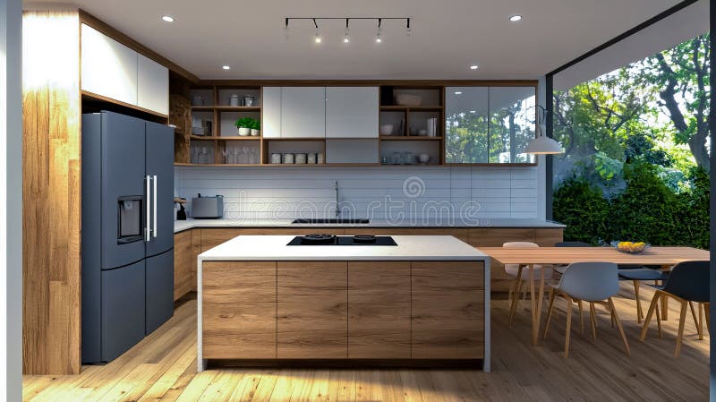 Modern Kitchen, Front View with Cooktop Centered, Oven Under Cooktop ...
