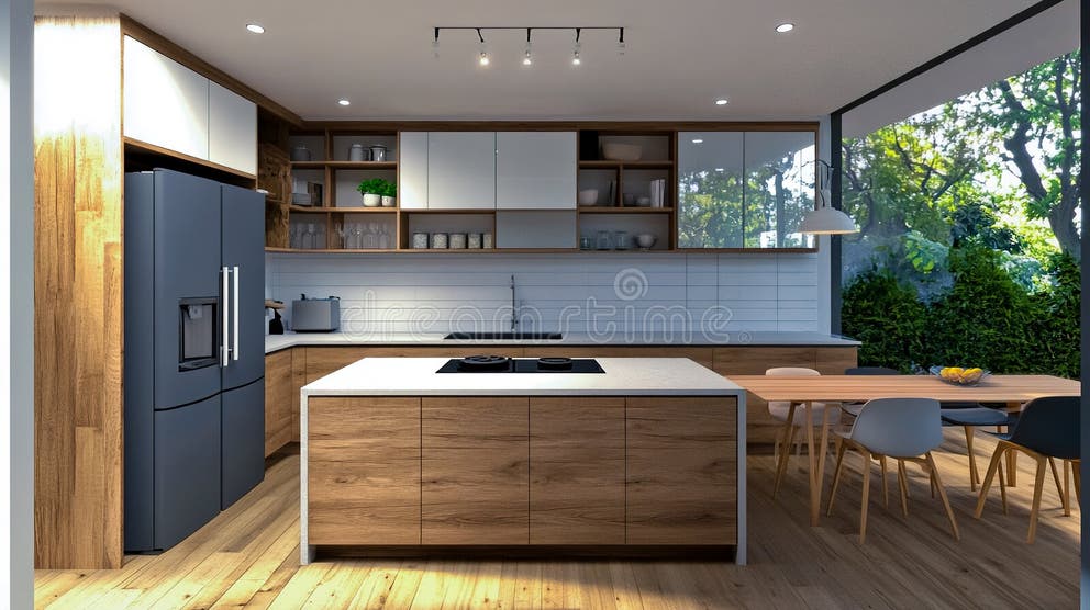 Modern Kitchen, Front View with Cooktop Centered, Oven Under Cooktop ...