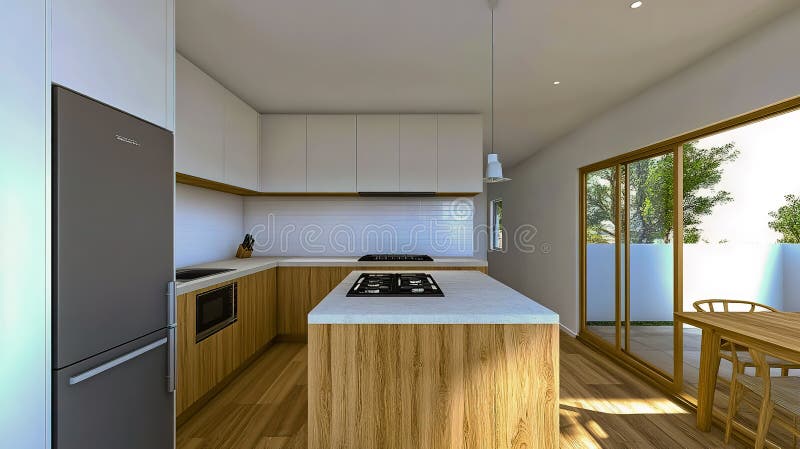 Modern Kitchen, Front View with Cooktop Centered, Oven Under Cooktop ...