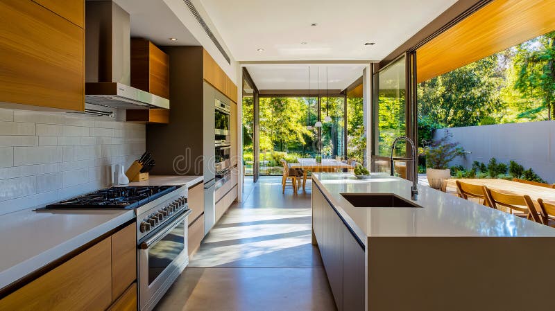 Modern Kitchen, Front View with Cooktop Centered, Oven Under Cooktop ...