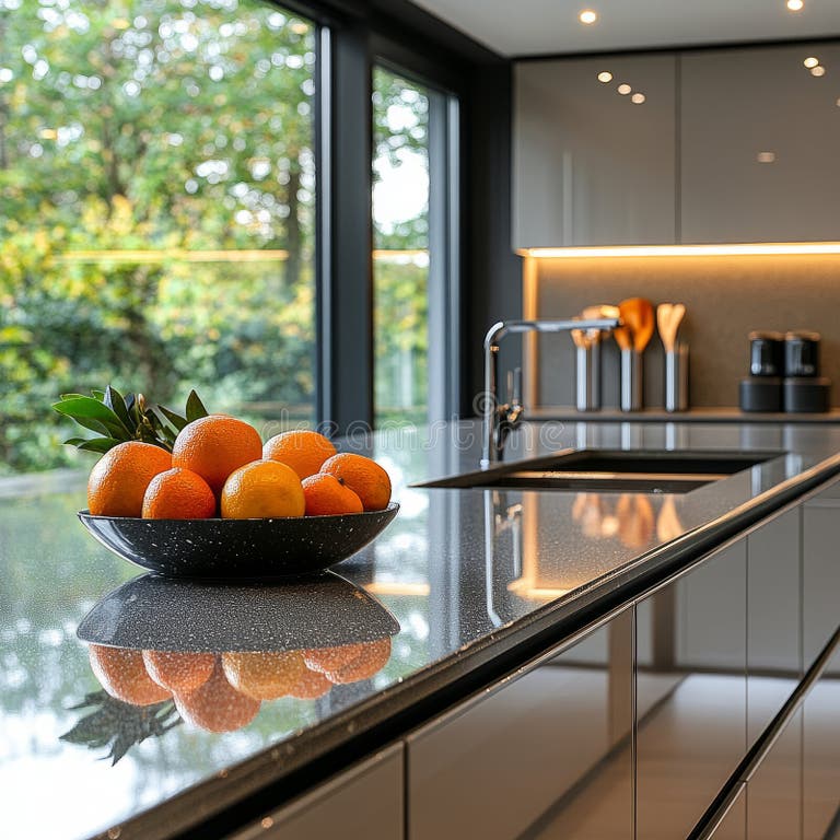 Modern Kitchen with Fruit Bowl Reflecting on Countertop. Stock Photo ...