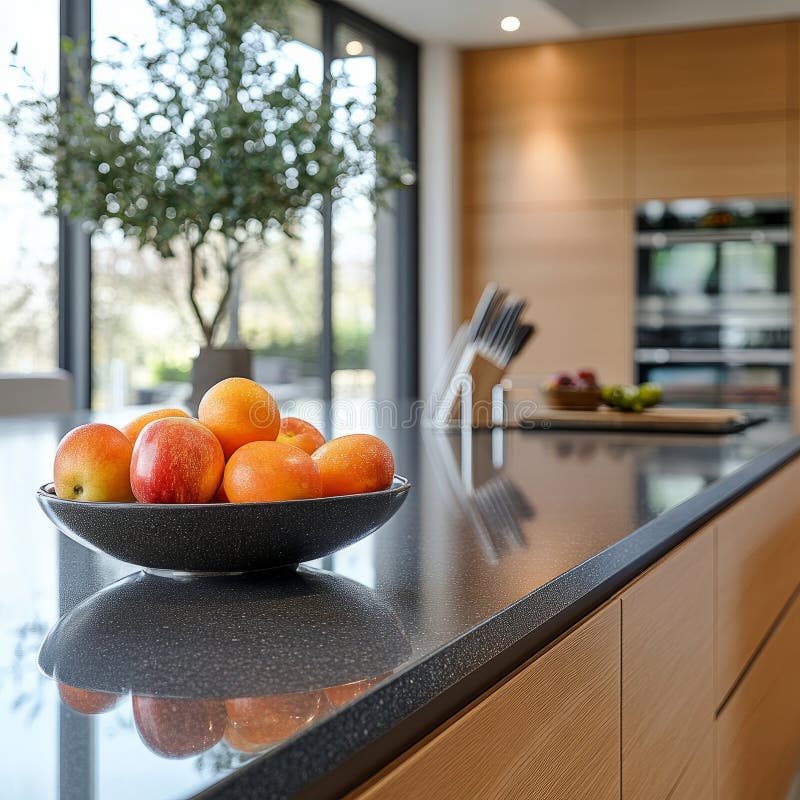 Modern Kitchen with Fruit Bowl and Sunlight through Large Windows ...