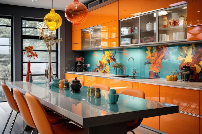Modern Kitchen with Furniture in Bright Orange Color Stock Image ...