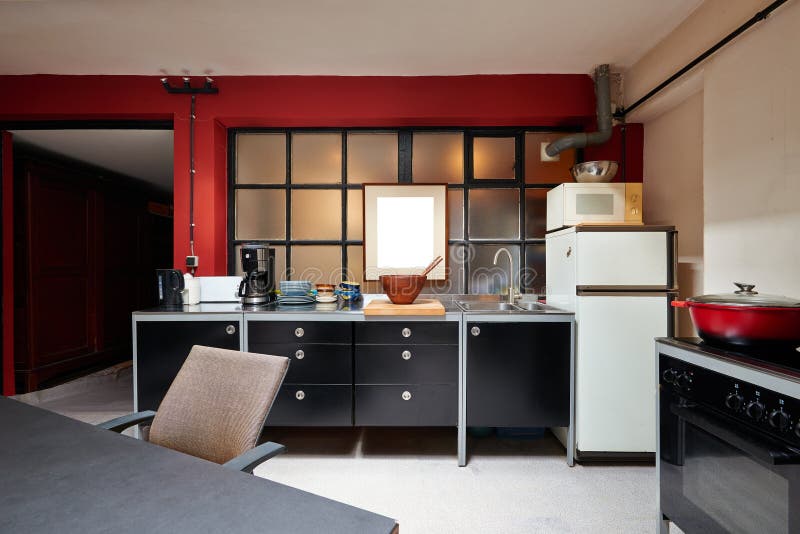 Modern Kitchen Furniture in Grungy Loft View from Front Stock Photo ...