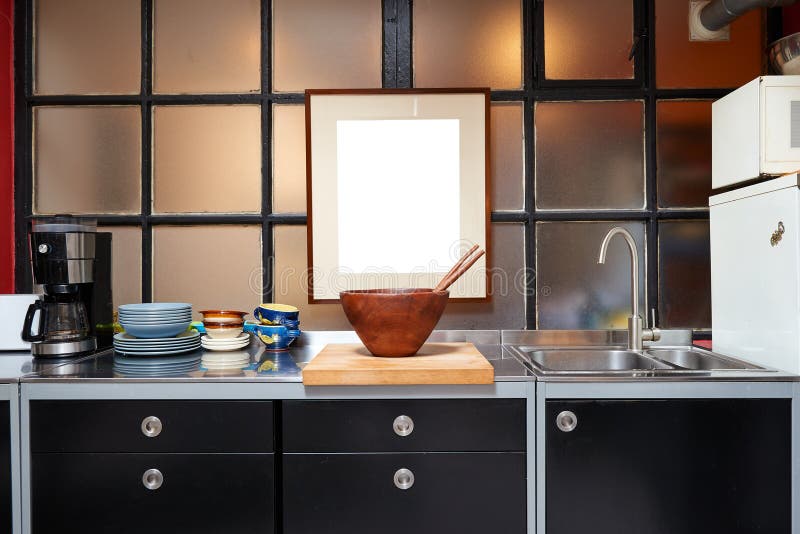 Modern Kitchen Furniture in Grungy Loft View from Front Stock Photo ...
