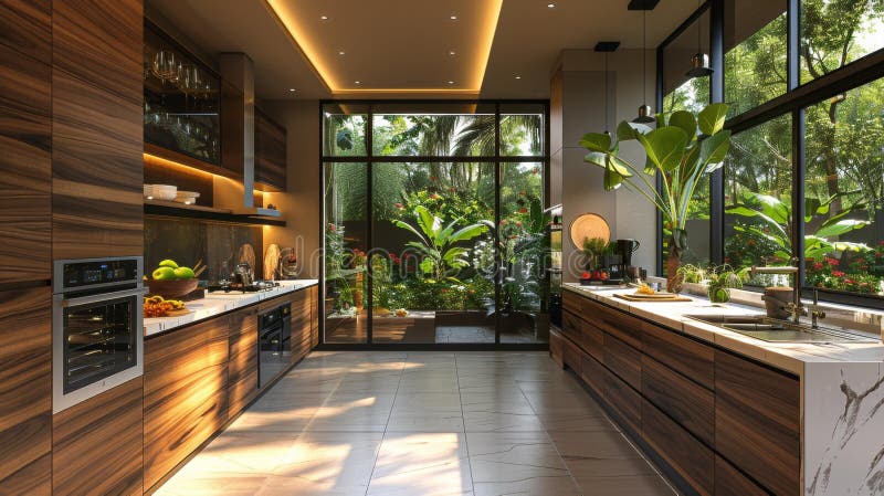 Modern Kitchen with Garden View - Generative Ai Stock Illustration ...