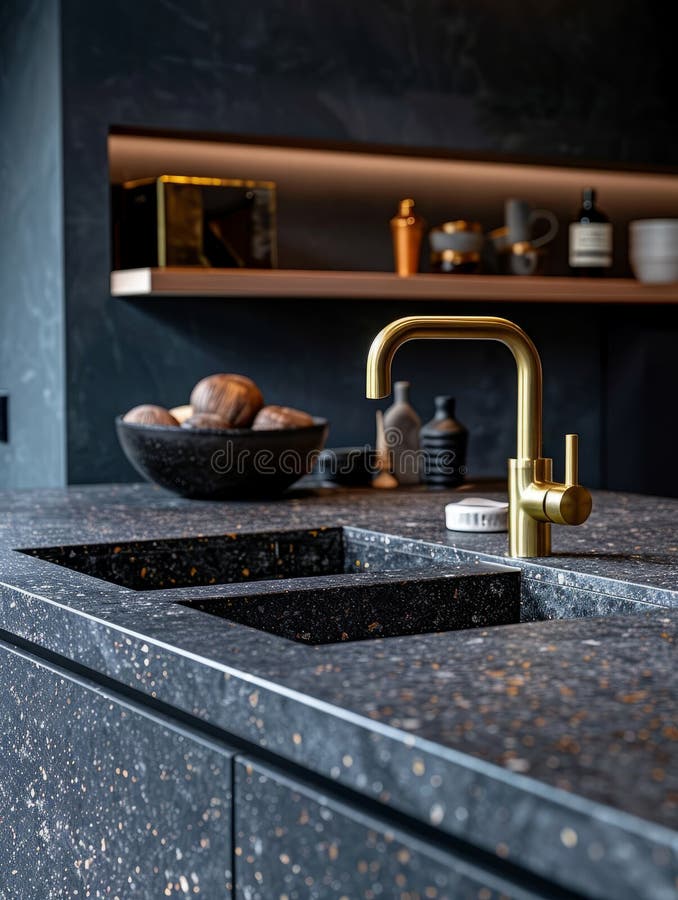 Modern Kitchen with Gold Faucet and Granite Countertop. Stock Image ...