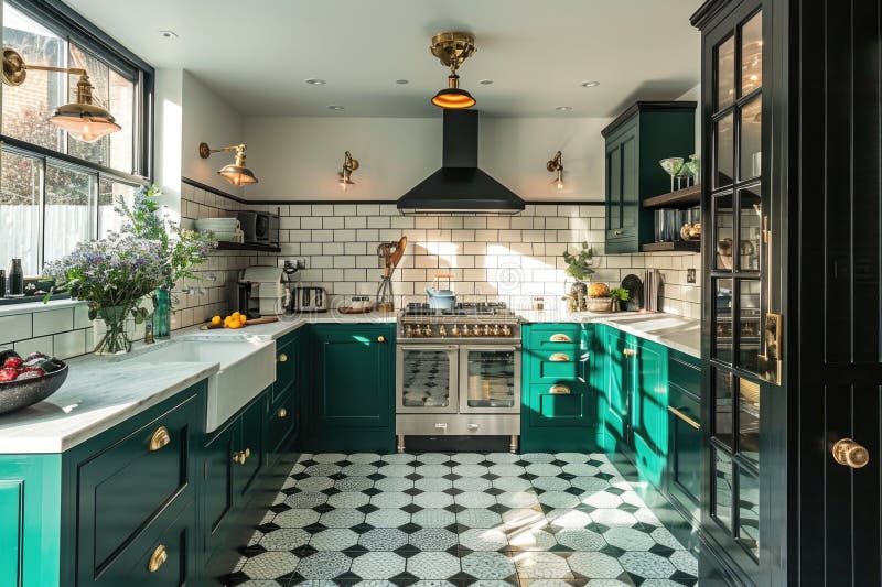 Modern Kitchen with Green Cabinets and Geometric Floor Tiles Stock ...