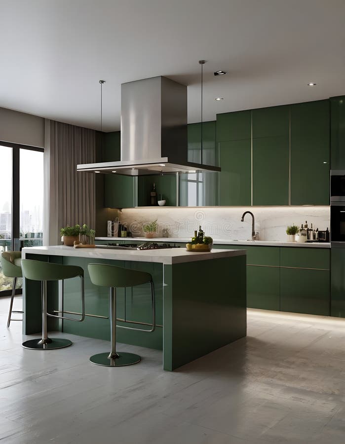 Modern Kitchen with Green Cabinets and White Table that is Elegant and ...