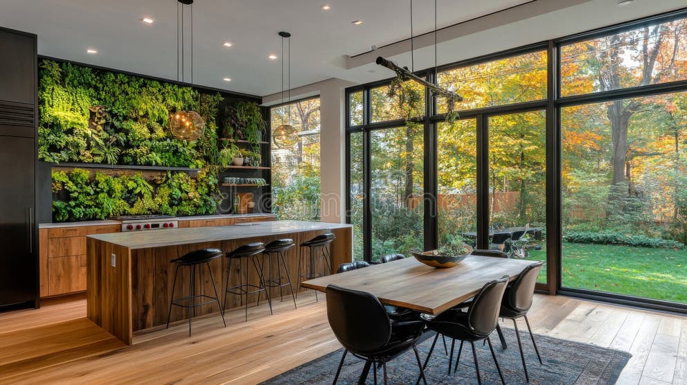Modern Kitchen with Green Wall and Large Windows Overlooking Garden ...