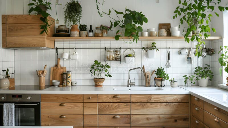 Modern Kitchen with Greenery Stock Illustration - Illustration of ...