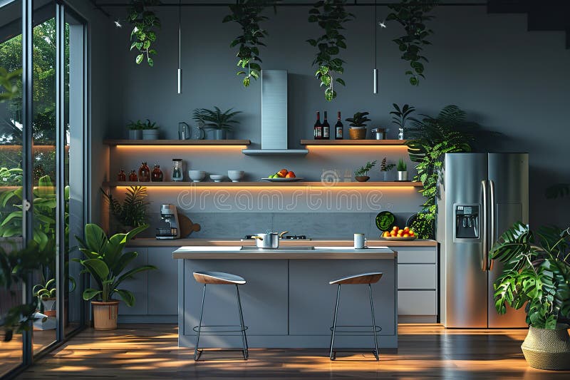 Modern Kitchen with Greenery Stock Illustration - Illustration of open ...