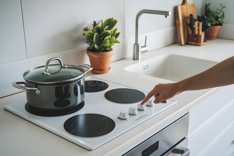 Modern Kitchen, Hand Presses Button on Induction Stove, Pot and Clean ...
