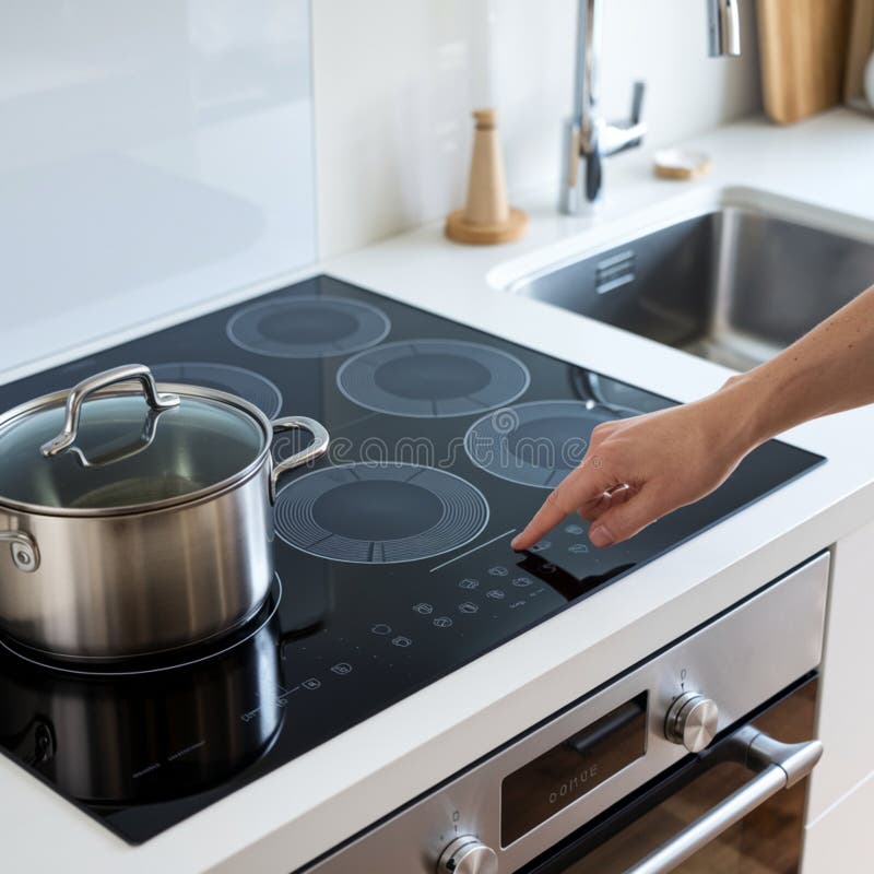 Modern Kitchen, Hand Presses Button on Induction Stove, Pot and Clean ...