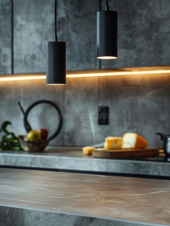 Modern Kitchen with Hanging Lights Stock Photo - Image of home ...