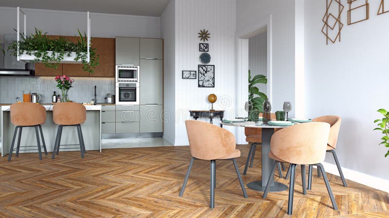 Modern Kitchen with Hanging Plants Stock Illustration - Illustration of ...