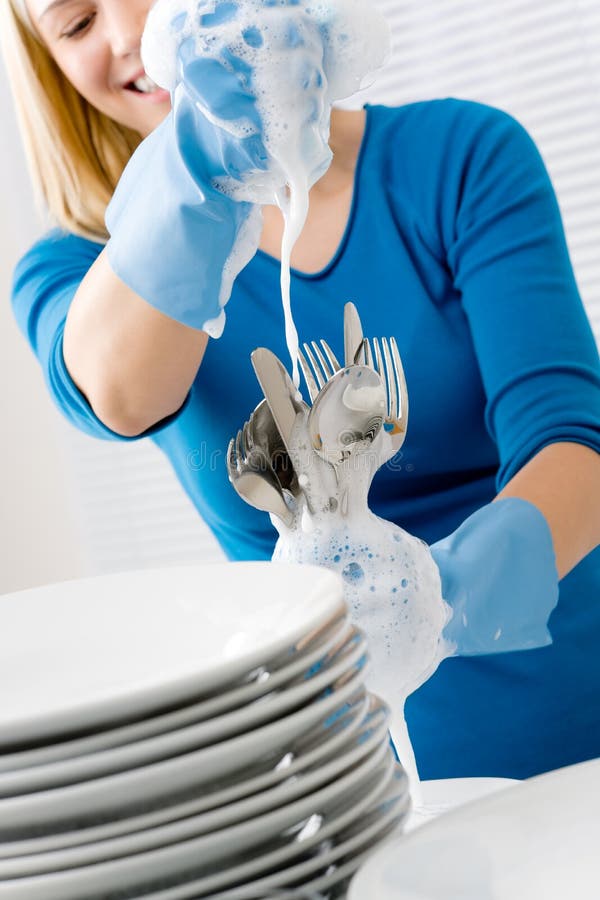 Modern Kitchen - Happy Woman Washing Dishes Stock Photo - Image of ...