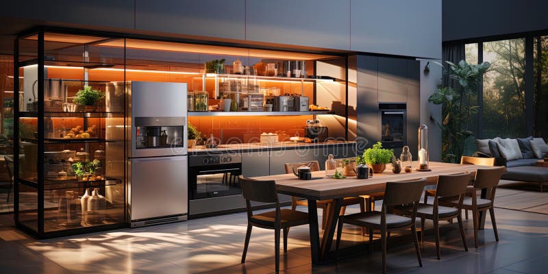 Modern Kitchen with High Tech Household Appliances and Minimalist Desi ...