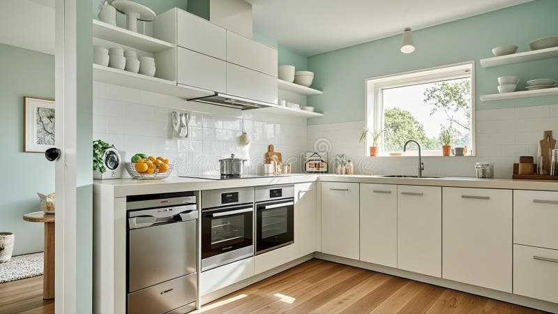 Modern Kitchen with Horizontal Layout, Simple Design, Smart Devices and ...