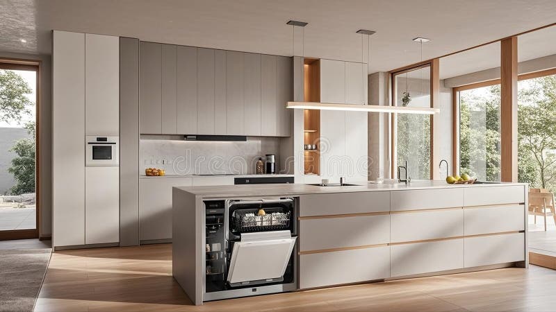 Modern Kitchen with Horizontal Layout, Simple Design, Smart Devices and ...